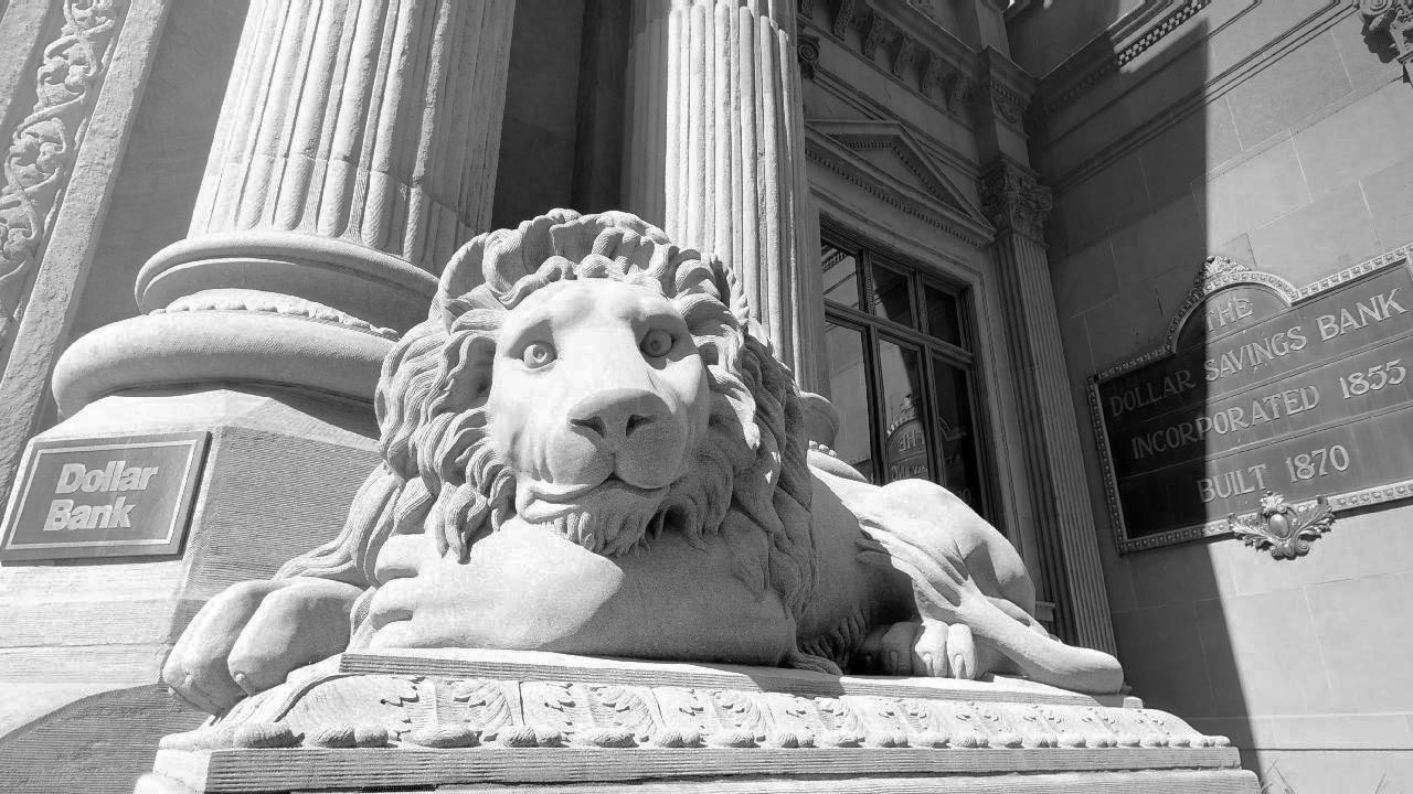 Dollar Bank Right Lion B&W | Pittsburgh Beautiful